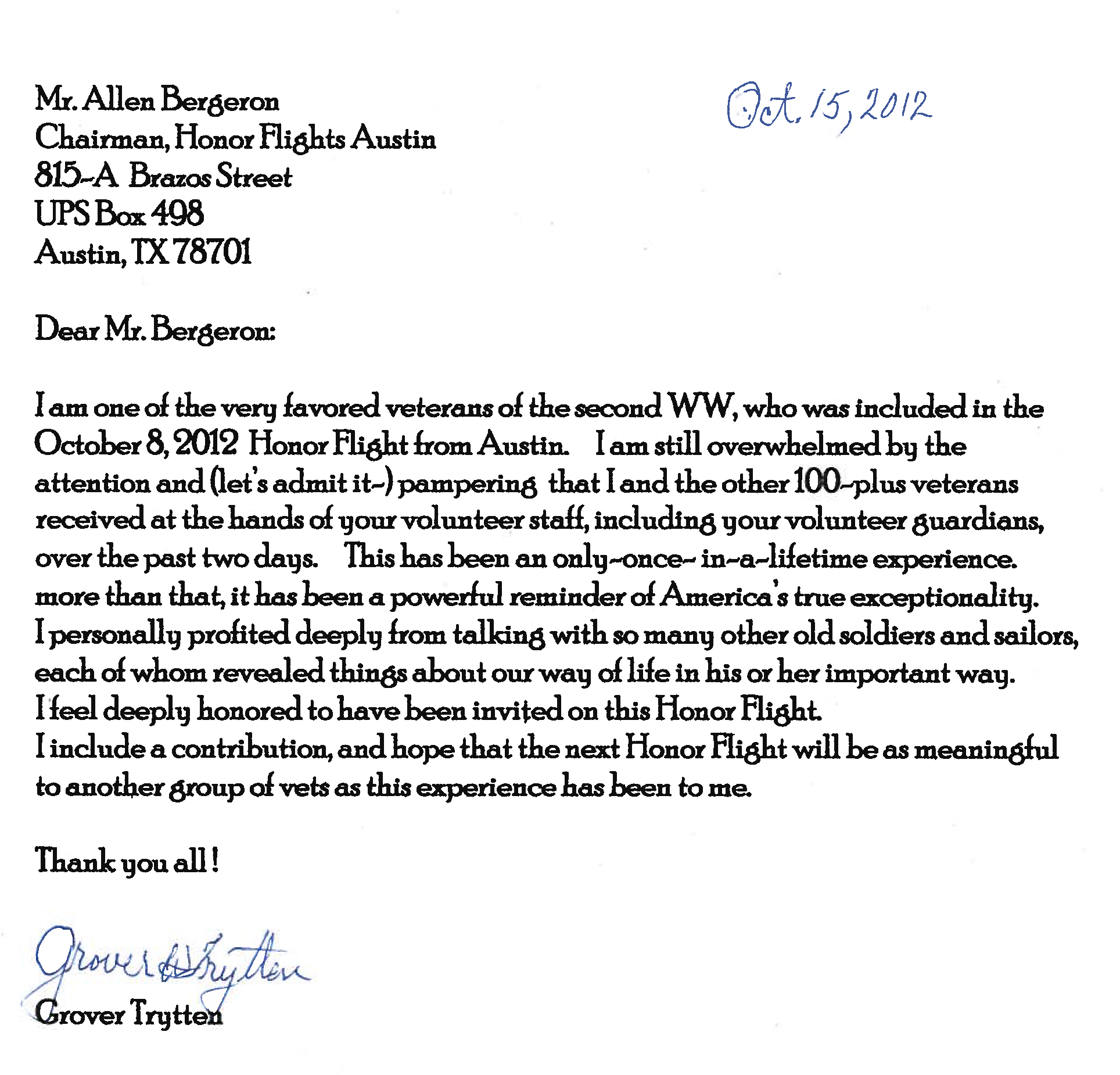 Thank You From Our WWII Veterans Honor Flight Austin